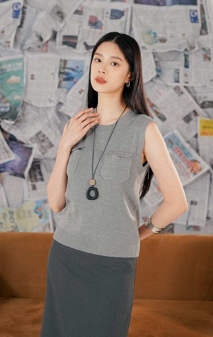 Heidi Top Grey - Atasan Rajut Tanpa Lengan Wanita
